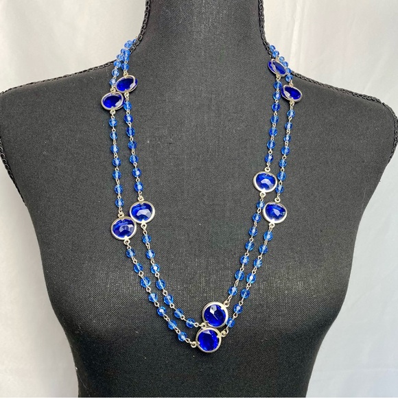 Jewelry | Vintage Cobalt Glass Sautoir Necklace Silver Tone Foldover ...